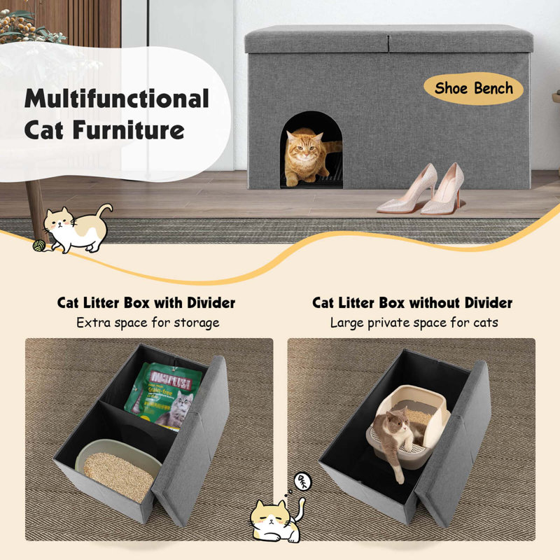 Tucker Murphy Pet Cat Litter Box Enclosure Hidden Furniture Cat Washroom Shoe Storage Bench Grey Gray